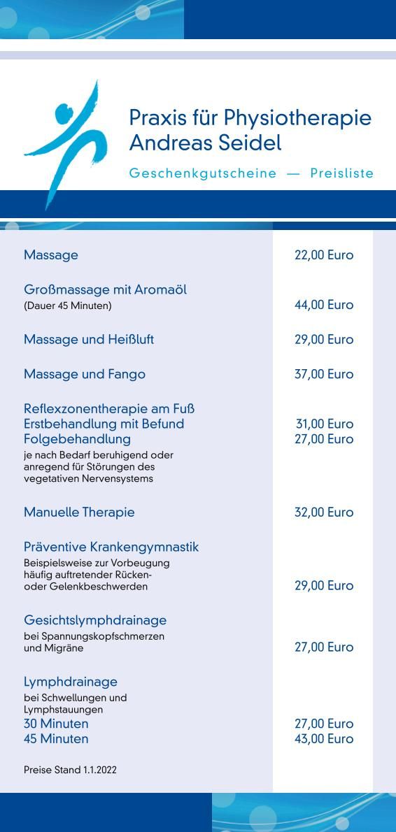 Preise für Selbstzahler*innen und Geschenkgutscheine - Physio Seidel